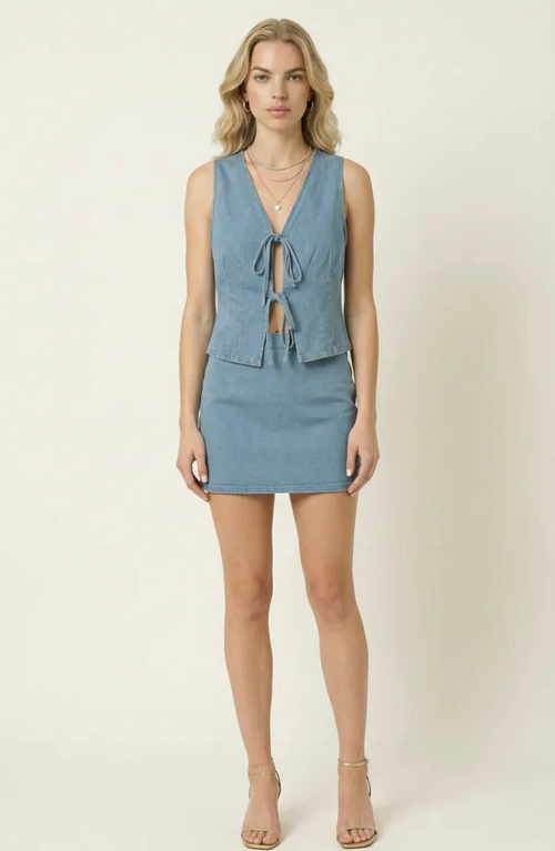 MODENAIRE Sleeveless Denim Top with Tie Front